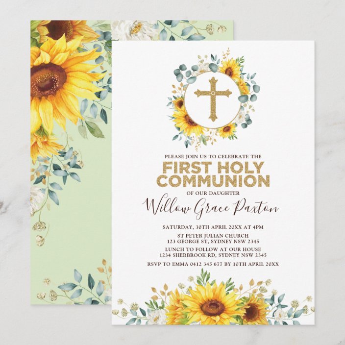 Chic Summer Sunflowers First Holy Communion Invitation | Zazzle.com