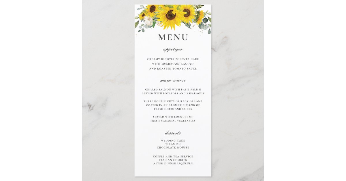 Chic Sunflower Floral Greenery Wedding Menu | Zazzle