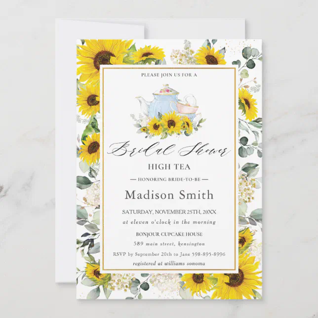 Chic Sunflower Floral High Tea Party Bridal Shower Invitation | Zazzle