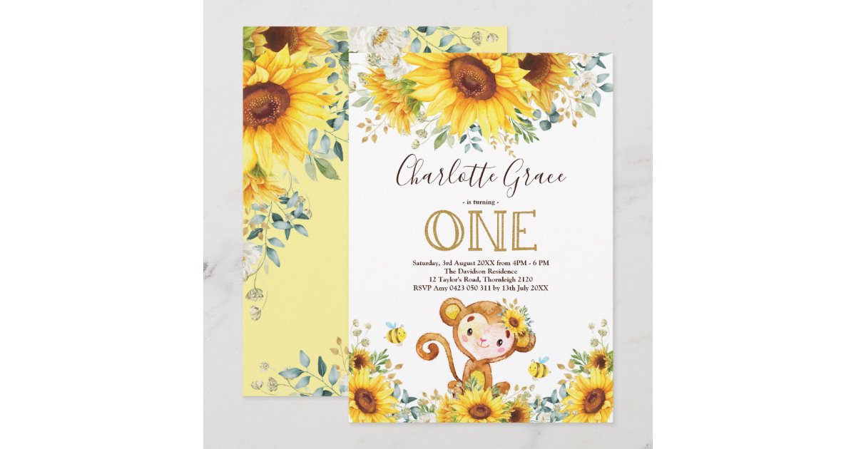 Chic Sunflower Monkey Greenery Gold 1st Birthday Invitation | Zazzle