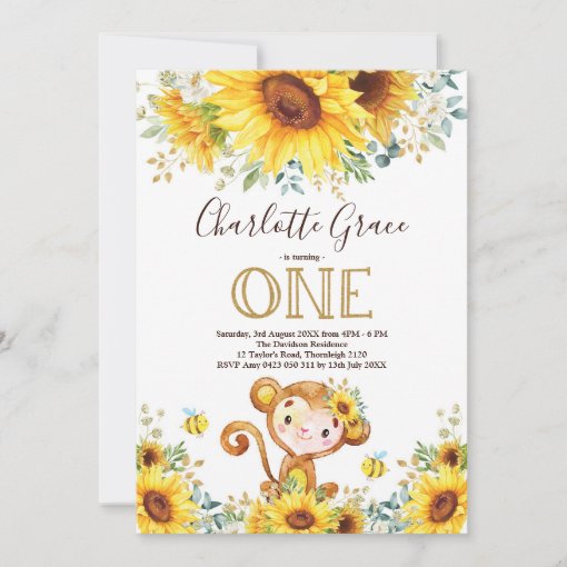 Chic Sunflower Monkey Greenery Gold 1st Birthday Invitation | Zazzle