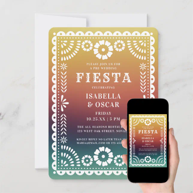 Chic Sunset Gradient Papel Picado Wedding Fiesta Invitation | Zazzle