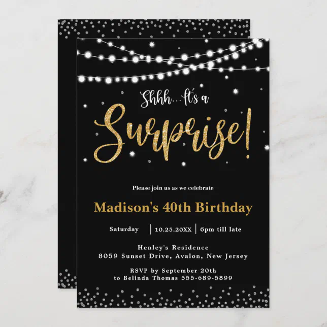 Chic Surprise Birthday Party Any Age Black Gold Invitation | Zazzle