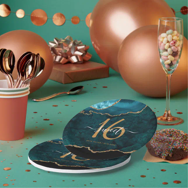 Chic Sweet 16 Teal Gold Glitter Agate Party Paper Plates | Zazzle