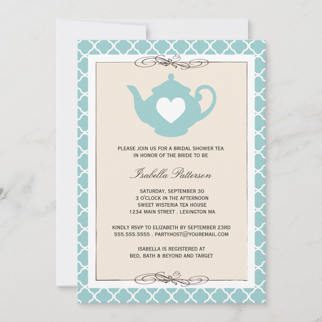 Chic Tan & Teal Teapot Bridal Shower Tea Party Invitation | Zazzle