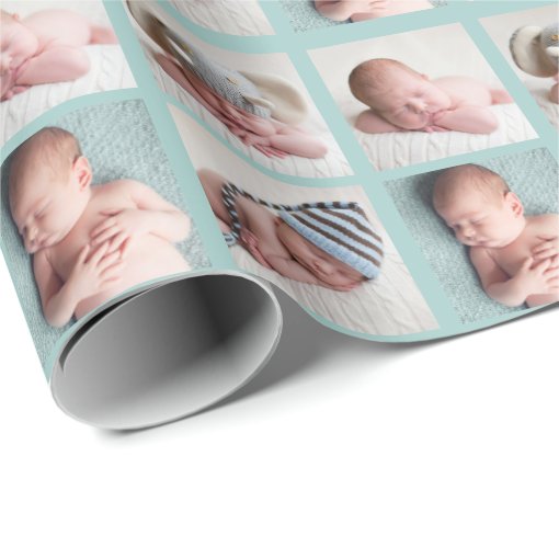 Chic Teal 4 Baby Photo Collage Custom Birthday Wrapping Paper | Zazzle