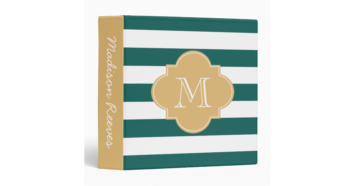 Chic Teal and Gold Striped Custom Monogram Binder | Zazzle