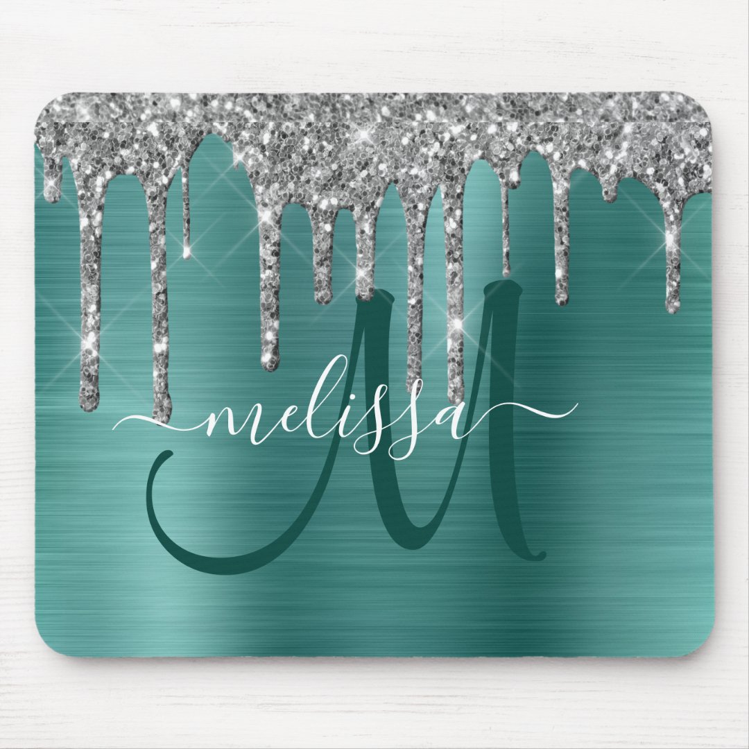 Chic Teal Brushed Metallic Silver Glitter Drips Mouse Pad | Zazzle