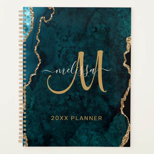 Chic Teal Gold Glitter Agate Monogram 2024 Planner | Zazzle