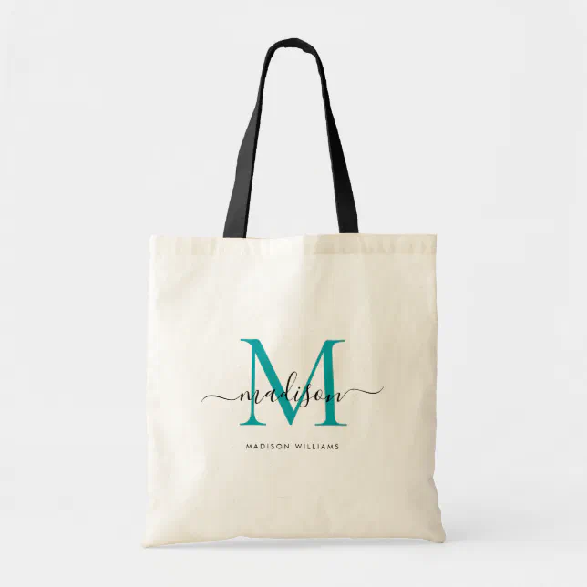Chic Teal Green Black Monogram Initial Script Name Tote Bag | Zazzle