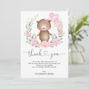 Chic Teddy Bear Pink Floral Balloons Birthday Girl Thank You Card | Zazzle