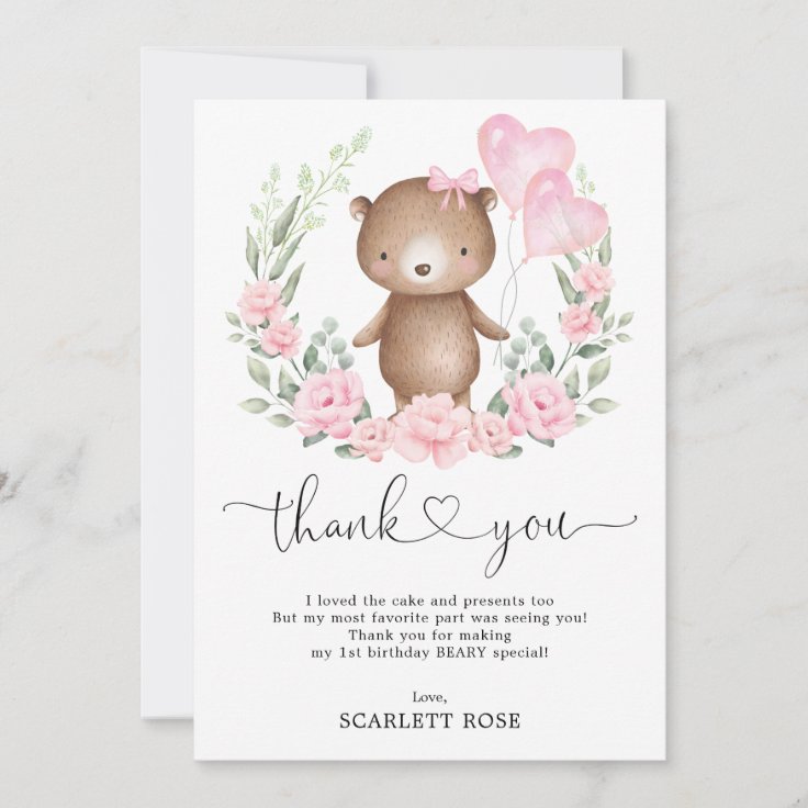 Chic Teddy Bear Pink Floral Balloons Birthday Girl Thank You Card | Zazzle