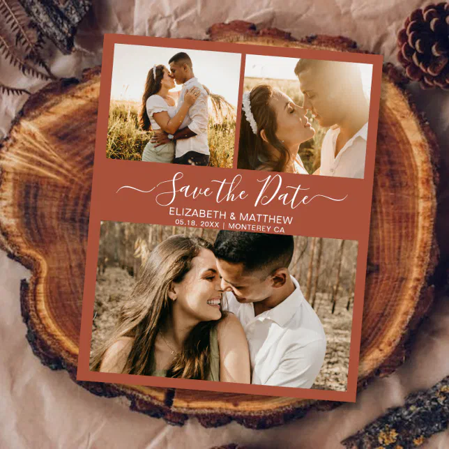 Chic Terracotta Script Photo Collage Save The Date Announcement