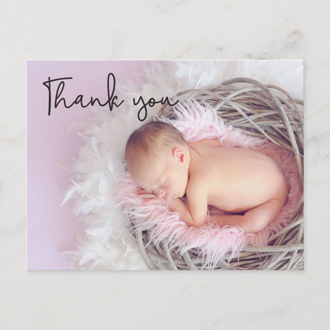 Chic Thank You Baby Girl Photo Birth Announcement Postcard | Zazzle