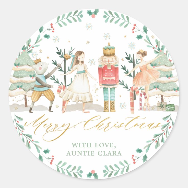 Chic The Nutcracker Ballet Merry Christmas Gold Classic Round Sticker ...
