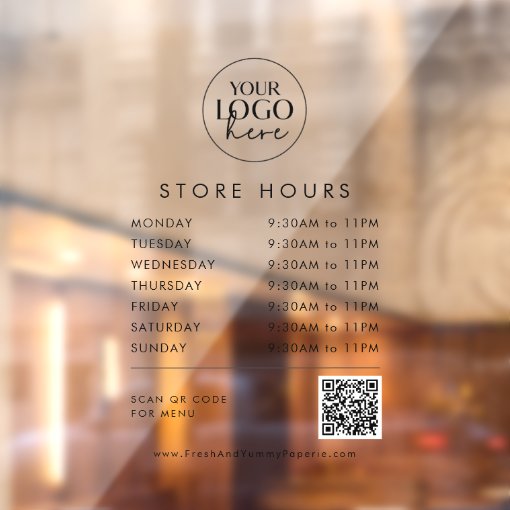 Chic Transparent Business Logo QR Code Store Hours Window Cling | Zazzle