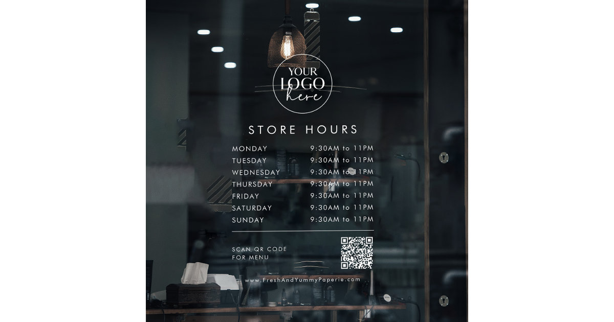 Chic Transparent Business Logo QR Code Store Hours Window Cling | Zazzle
