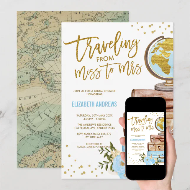 Chic Traveling Miss to Mrs Blue Gold Bridal Shower Invitation | Zazzle
