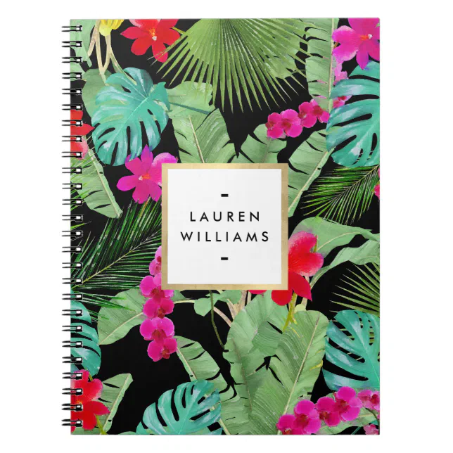 Chic Tropical Print Watercolor Black Notebook | Zazzle
