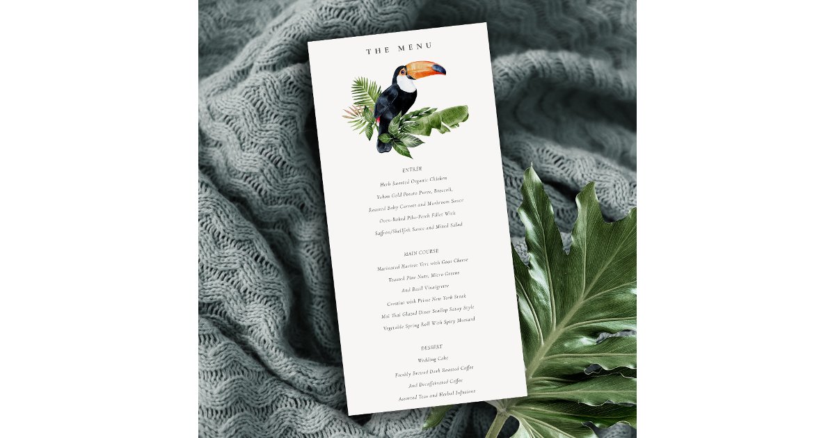 Chic Tropical Rainforest Toucan Wedding Menu Card | Zazzle