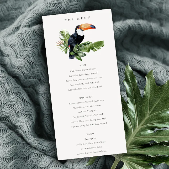 Chic Tropical Rainforest Toucan Wedding Menu Card | Zazzle