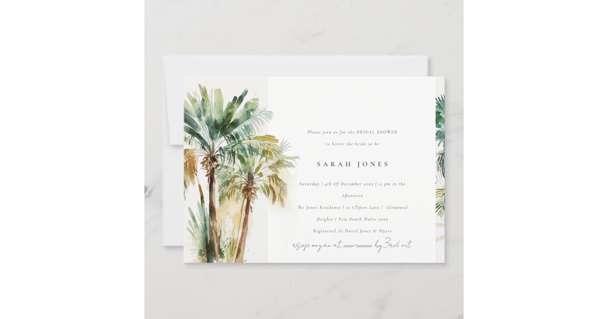 Chic Tropical Watercolor Palm Trees Bridal Shower Invitation | Zazzle
