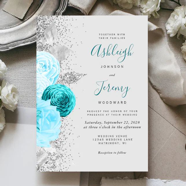 Chic Turquoise Floral Silver Glitter Gray Wedding Invitation | Zazzle