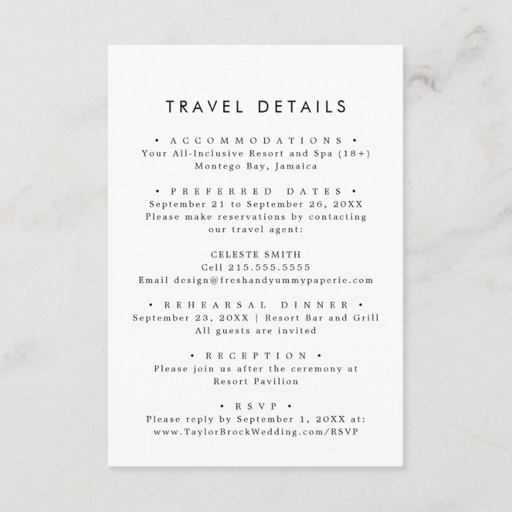 Chic Typography Destination Wedding Travel Details Enclosure Card | Zazzle