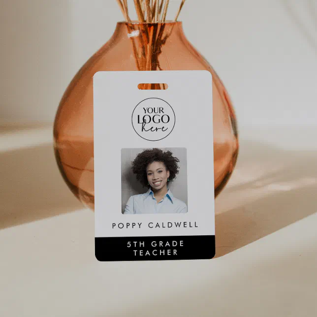 Chic Typography Logo Photo Employee or Teacher ID Badge | Zazzle