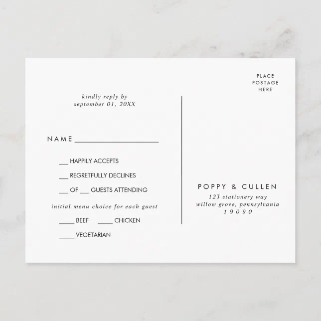 Chic Typography Menu Choice RSVP Postcard | Zazzle