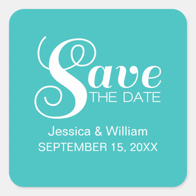 Chic Typography Save the Date Stickers, Aqua Square Sticker | Zazzle