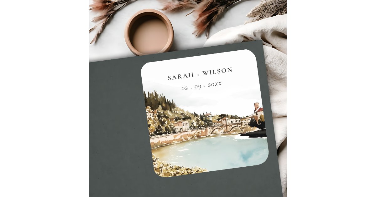 Chic Verona Adige River Italy Watercolor Wedding Square Sticker | Zazzle