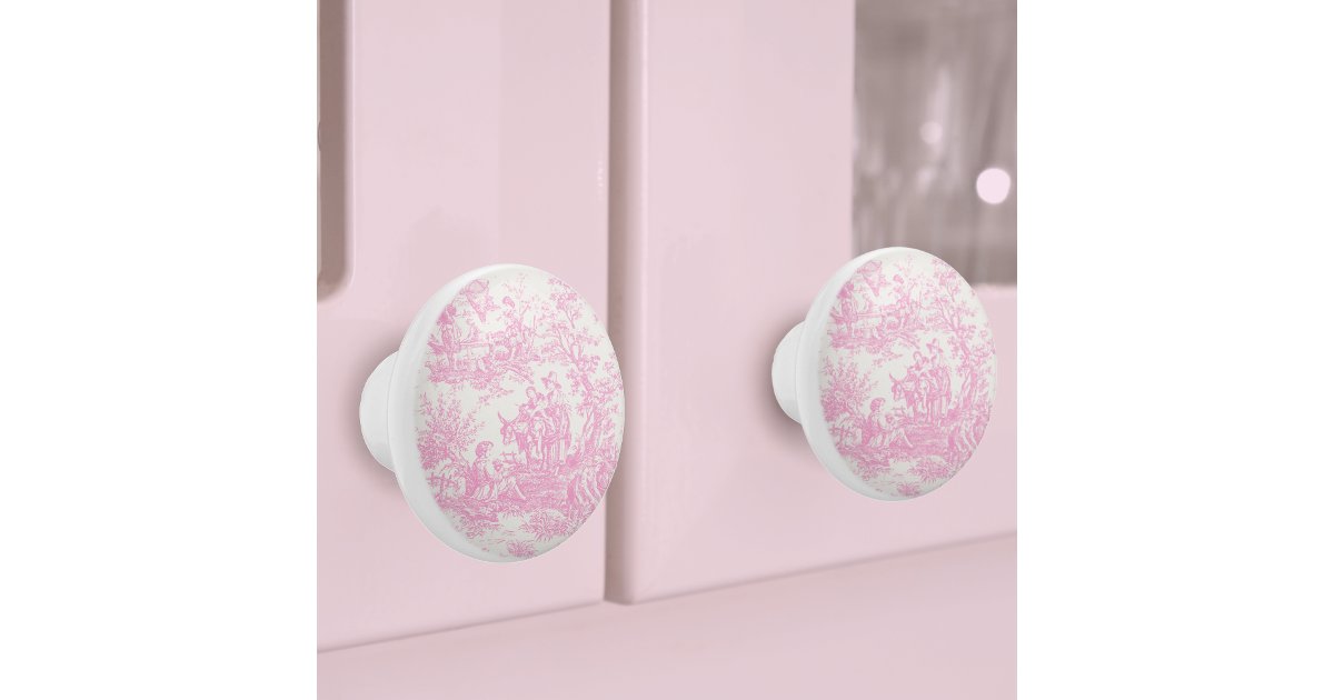 Chic vintage baby pink toile de jouy printed ceramic knob | Zazzle