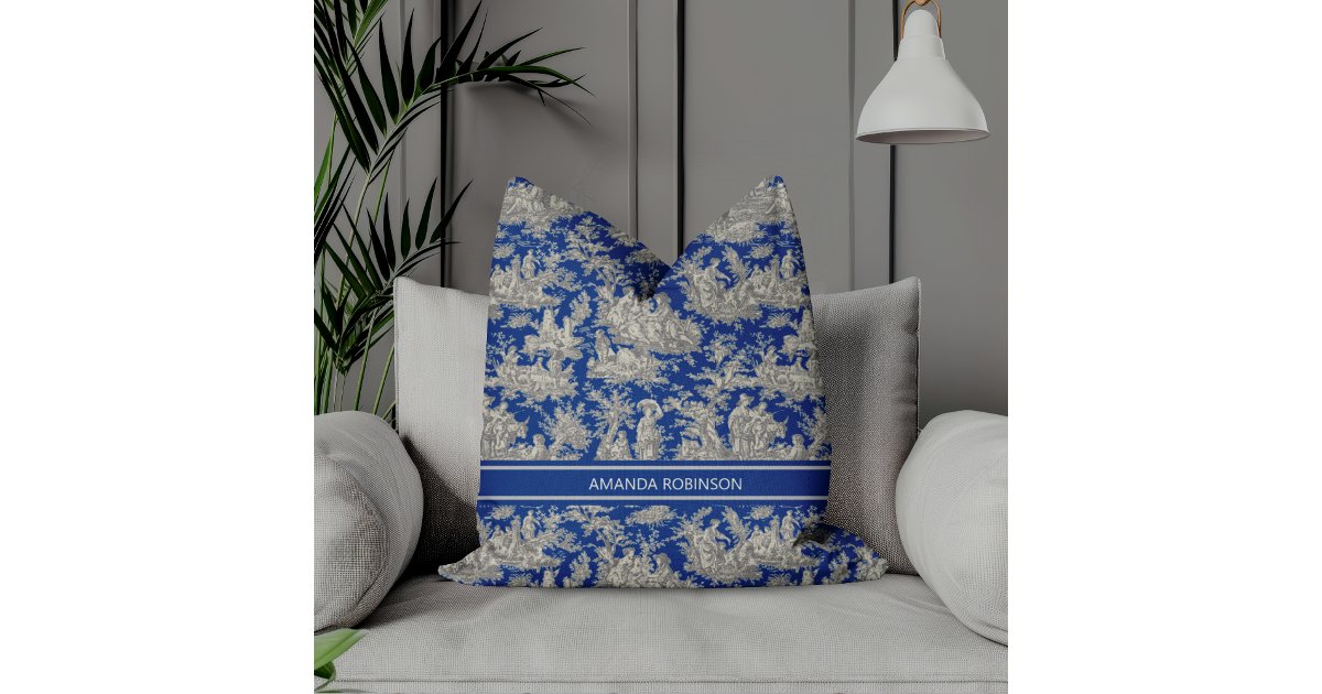 Chic vintage dark blue toile de jouy printed throw pillow | Zazzle
