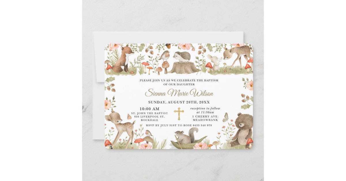 Chic Vintage Woodland Animals Baptism Christening Invitation | Zazzle