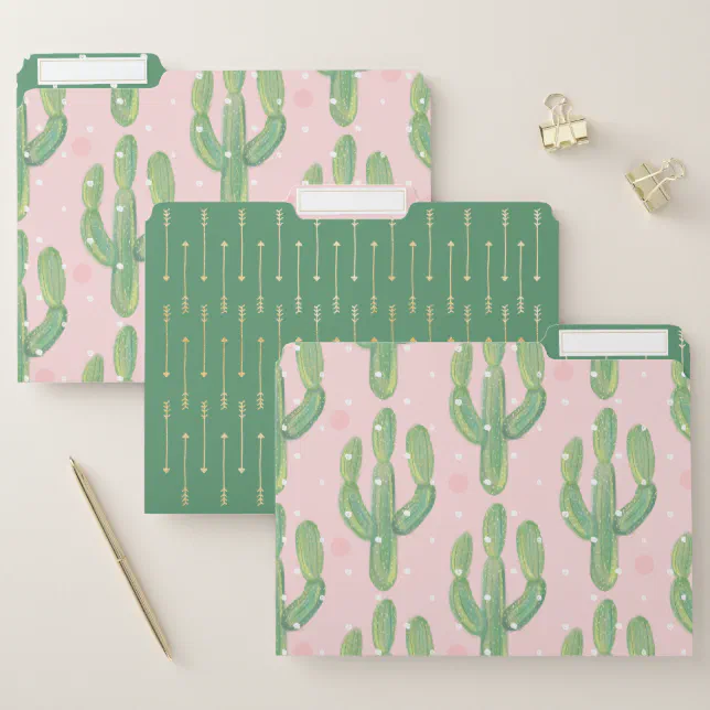 Chic Watercolor Cactus Plant Pattern Pink & Green File Folder | Zazzle