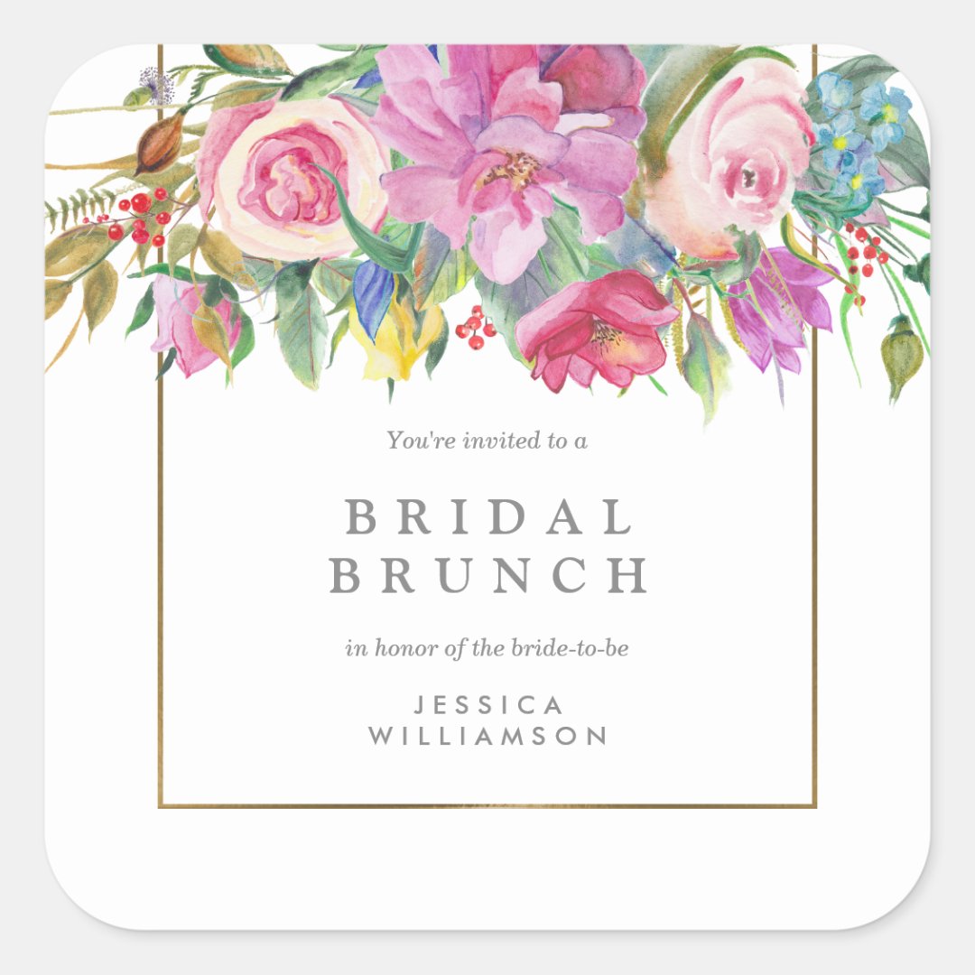 Chic Watercolor Floral Bridal Brunch Square Sticker | Zazzle