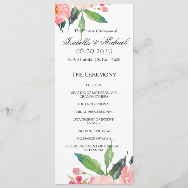 Chic Watercolor Floral Wedding Program | Zazzle