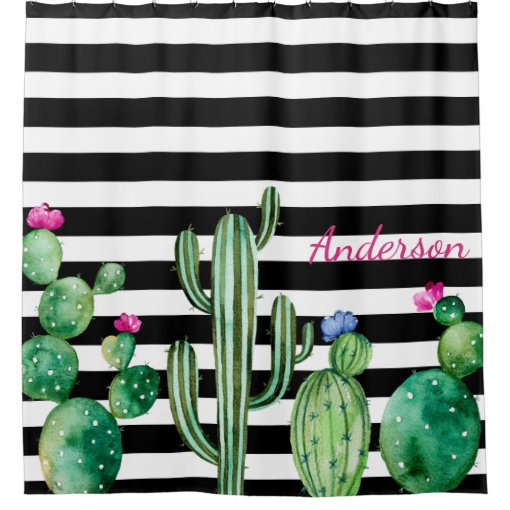 Chic Watercolor Flowering Cactus Personalized Shower Curtain Zazzle