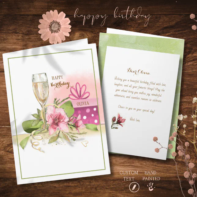 Chic Watercolor Pink Magnolia Champagne Birthday Card | Zazzle