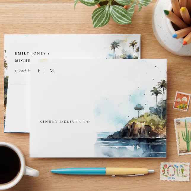 Chic Watercolor Seascape Palm Tree Island Wedding Envelope | Zazzle