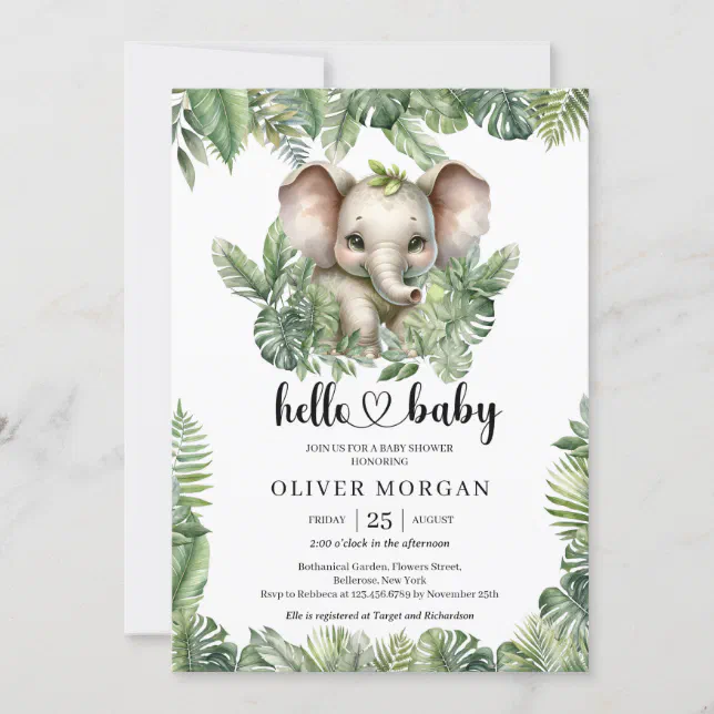 Chic Watercolor tropical greenery cute elephant Invitation | Zazzle