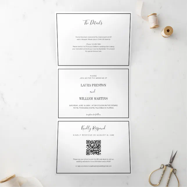 Chic Wedding Photo with RSVP QR Code and Details Tri-Fold Invitation ...