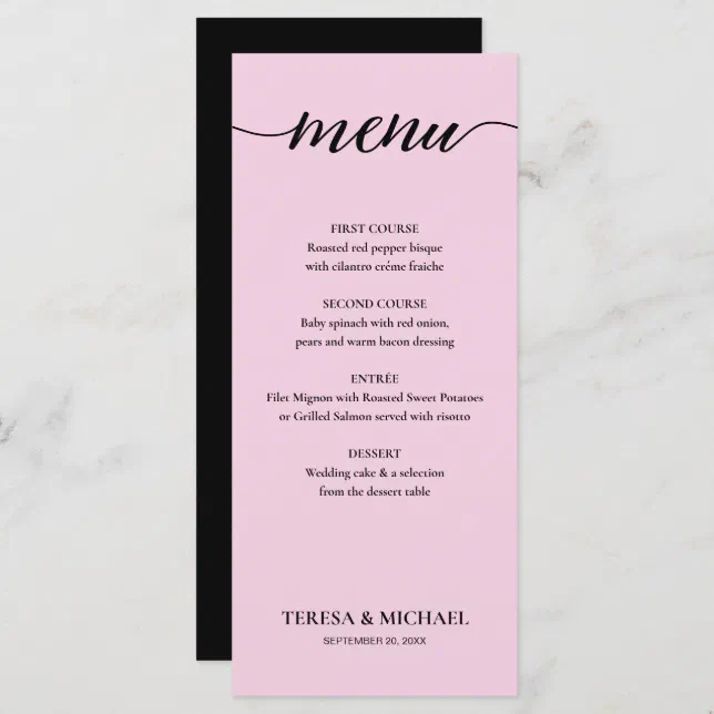 Chic Wedding Pink Black and white Simple Editable Menu | Zazzle