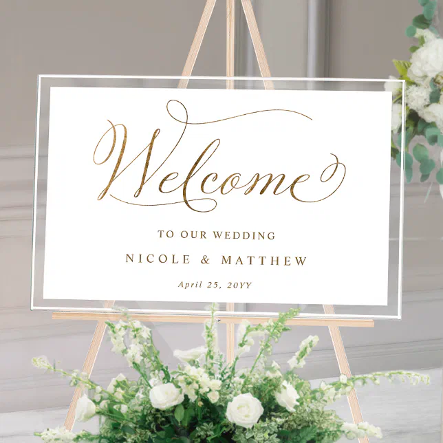 Chic Wedding Welcome White and Gold Acrylic Sign | Zazzle