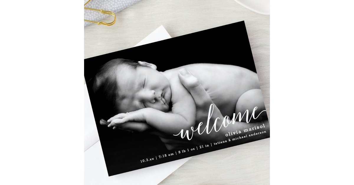 Chic Welcome Calligraphy Script Birth Announcement | Zazzle
