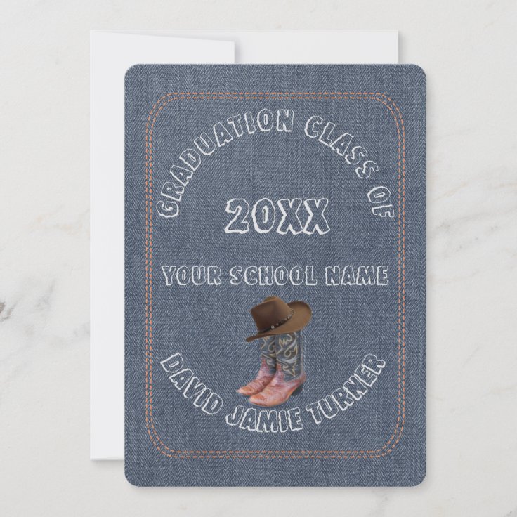 Chic Western Boots Hat Denim Graduation Invite | Zazzle