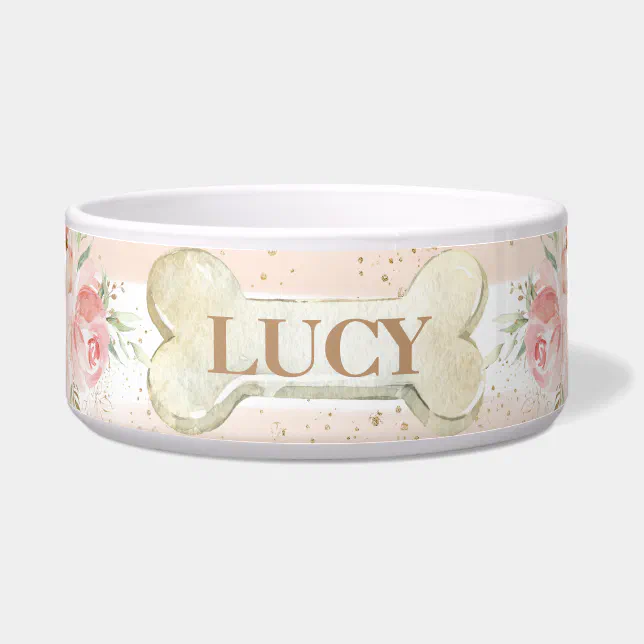 Chic Whimsical Blush Pink Floral Roses Dog Pet Bowl | Zazzle