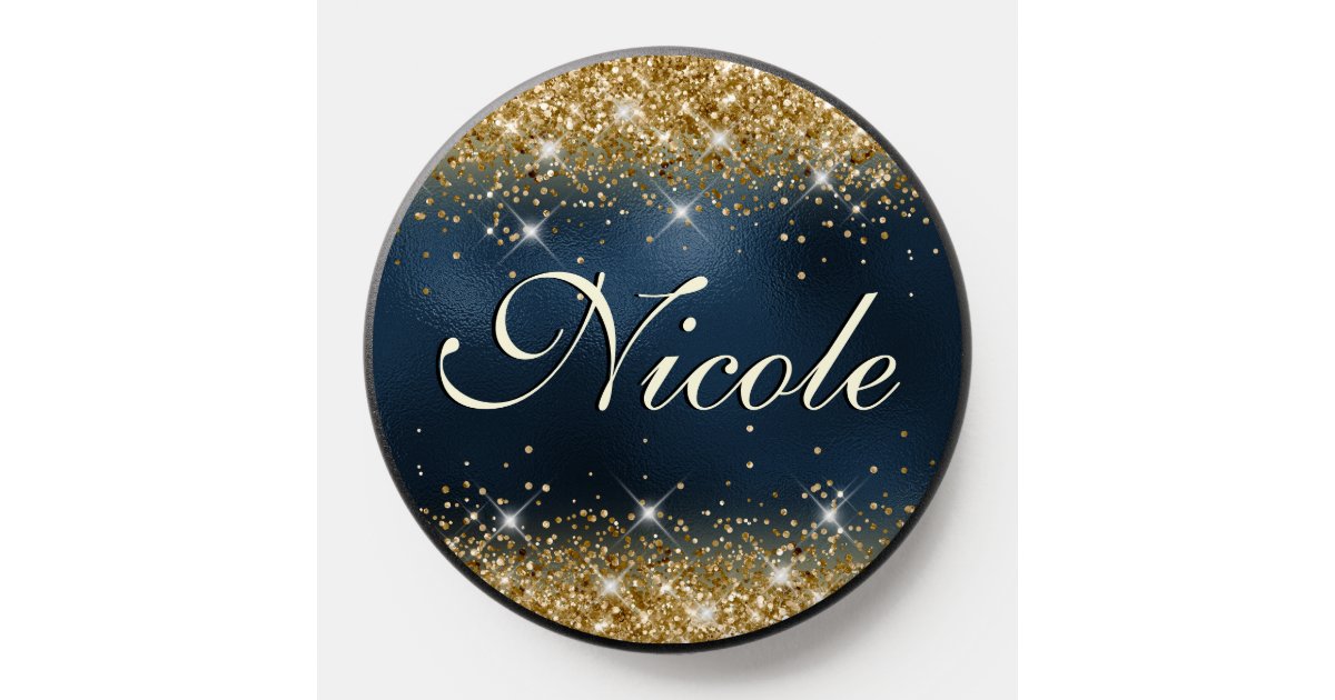 Chic Whimsical Navy Blue Gold Glitter Monogram PopSocket | Zazzle