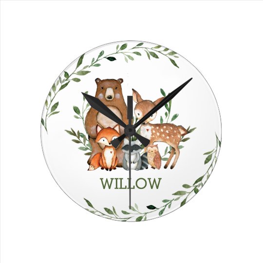 Chic Whimsical Woodland Animals Bear Deer Fox Owl Round Clock | Zazzle.com